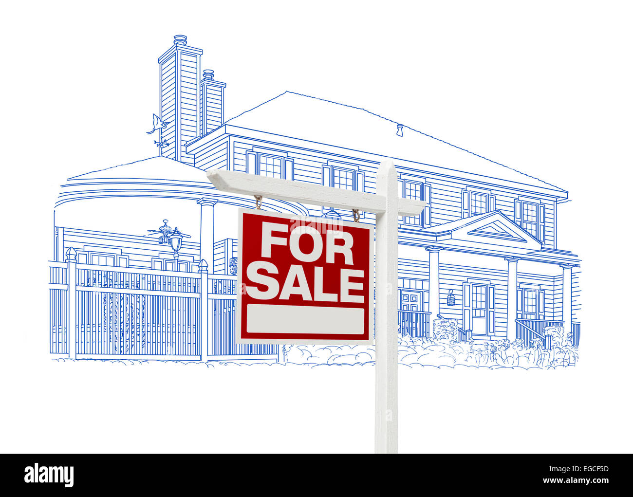 Custom House and For Sale Real Estate Sign Drawing on White Background ...
