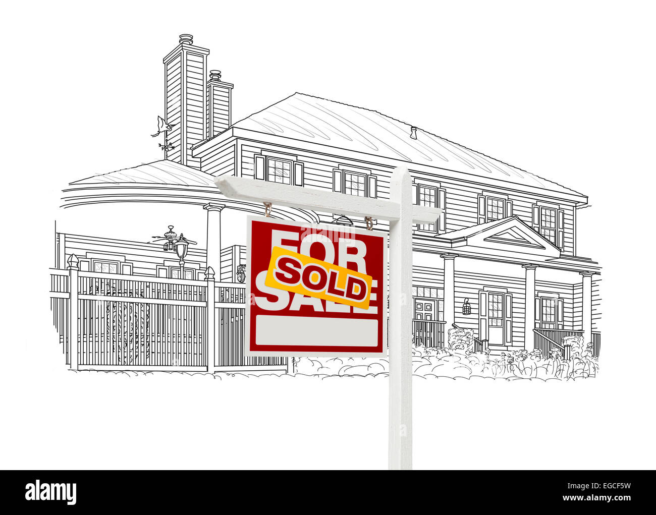 Custom House and Sold Real Estate Sign Drawing on White Background ...