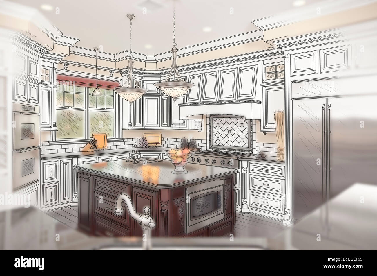 Combination of Beautiful Custom Kitchen Design Drawing with Ghosted ...