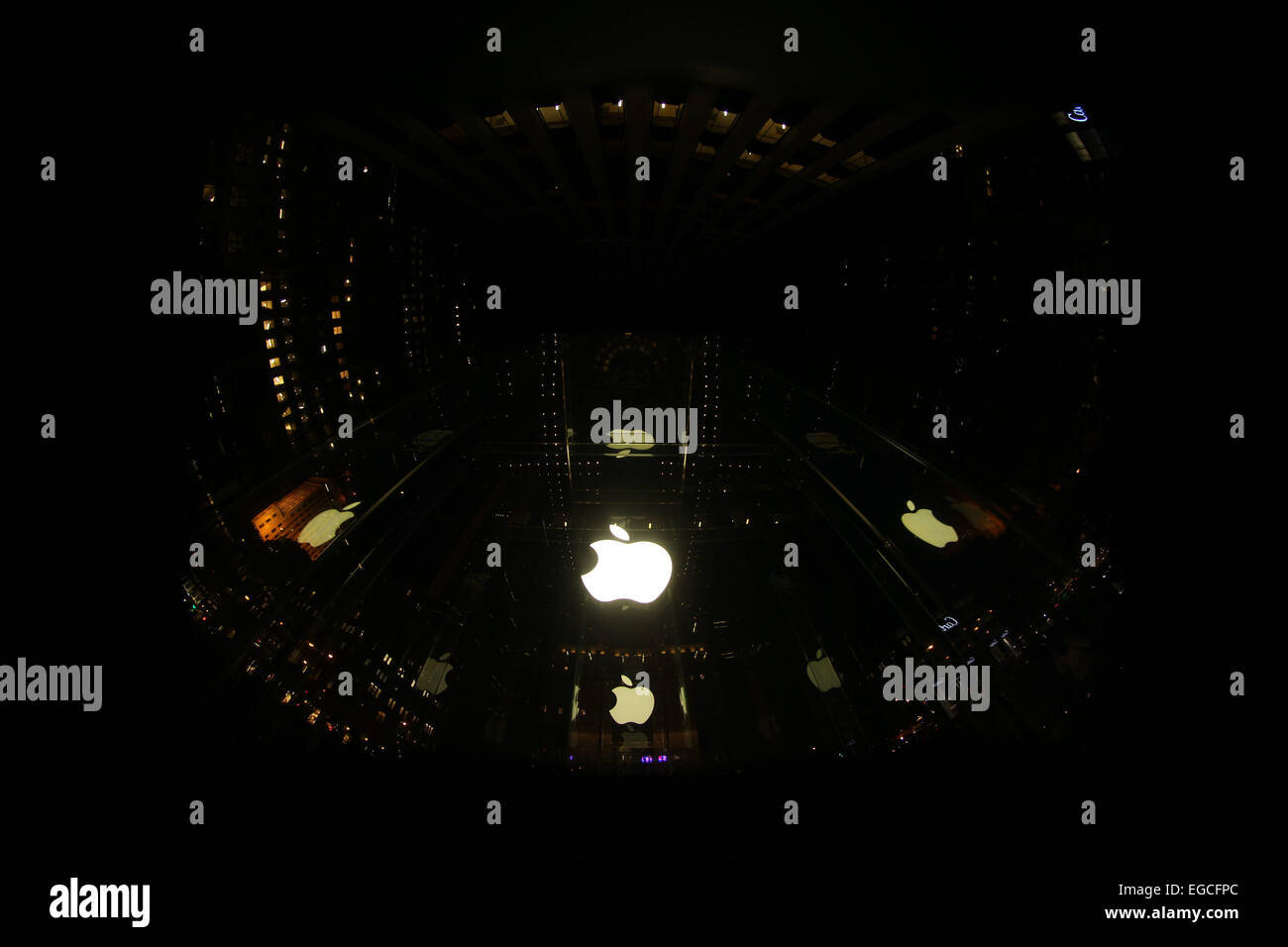 The Apple Logo, on the glass fronted Apple Store, surrounded by the ...