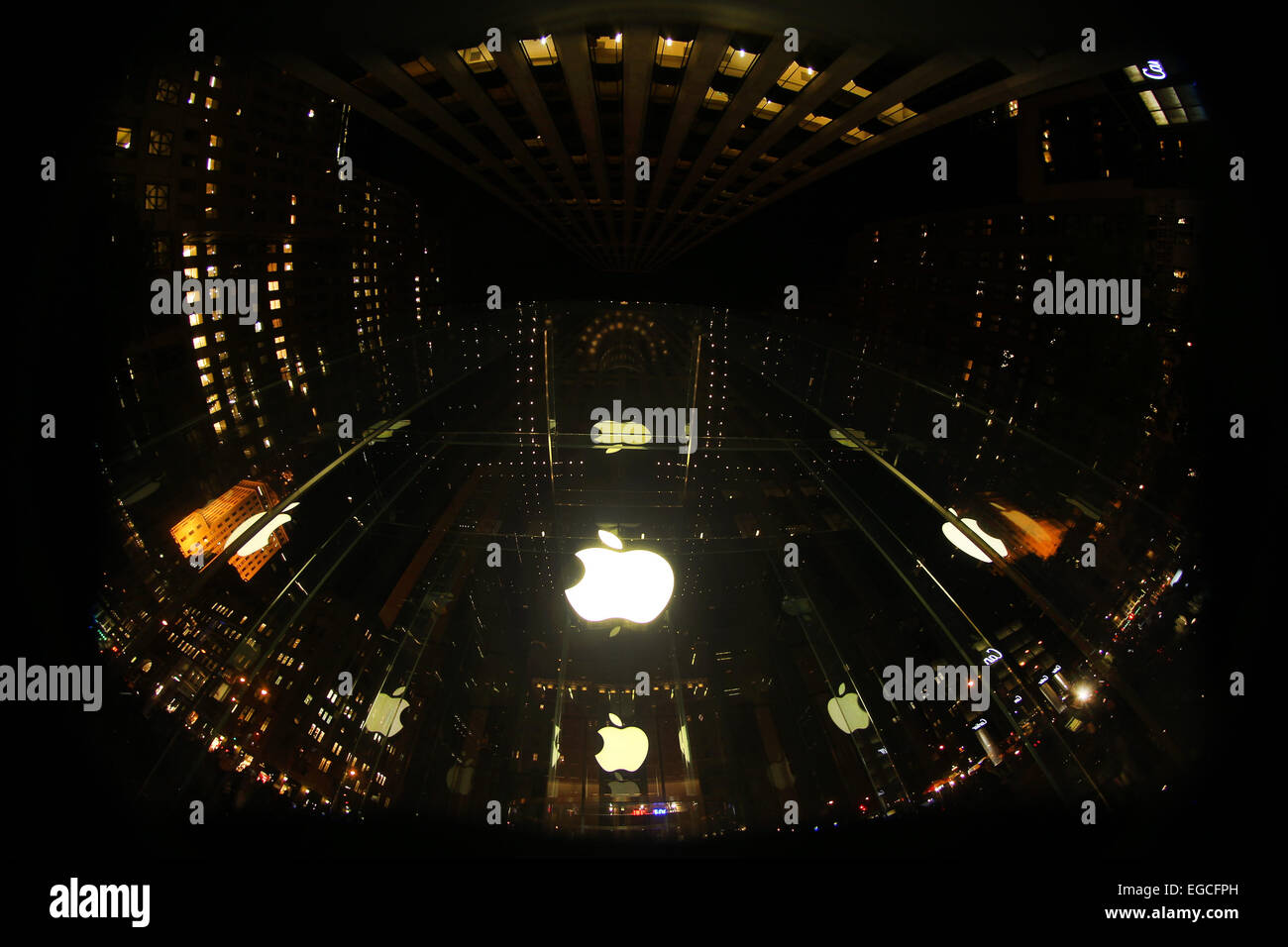 The Apple Logo, on the glass fronted Apple Store, surrounded by the ...