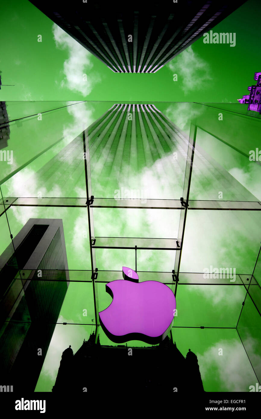 The Apple Logo, on the glass fronted Apple Store, surrounded by the ...