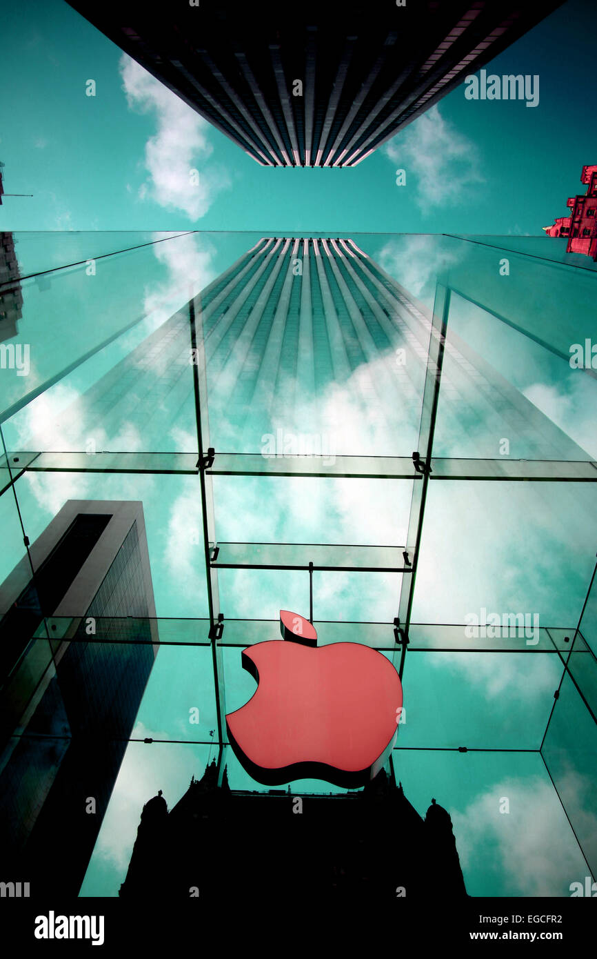 The Apple Logo, on the glass fronted Apple Store, surrounded by the ...
