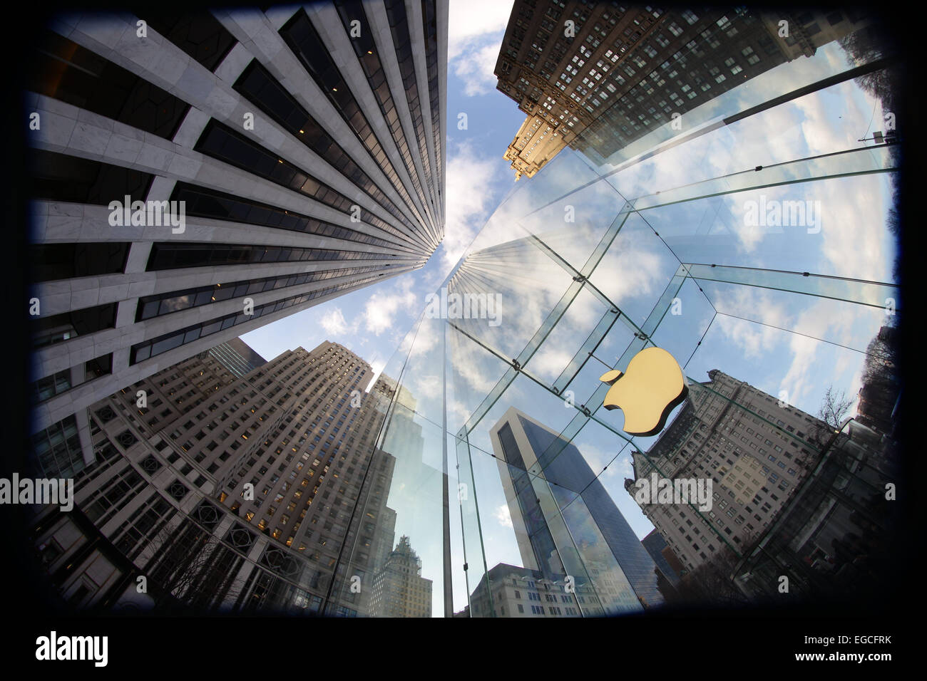 The Apple Logo, on the glass fronted Apple Store, surrounded by the ...