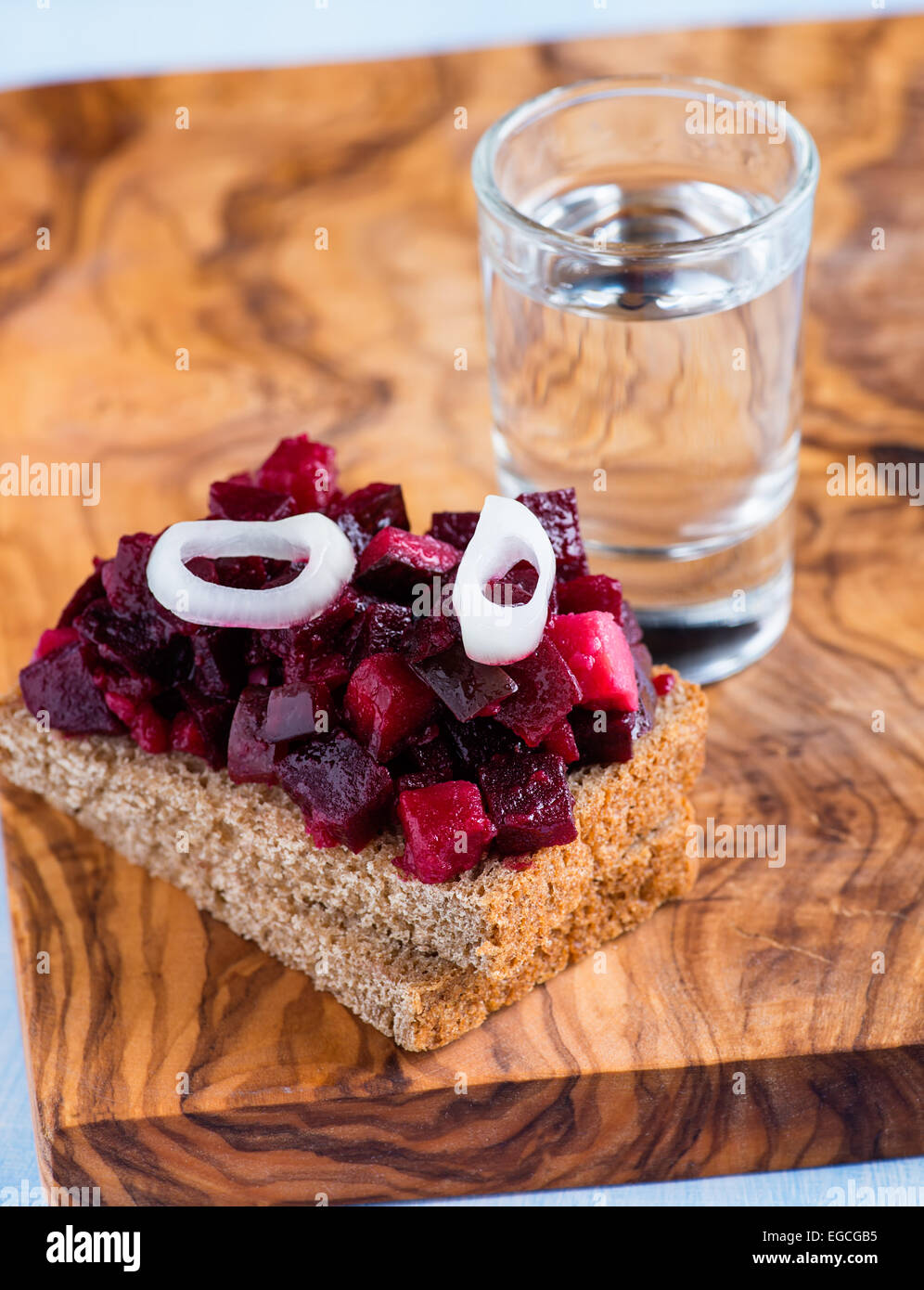 Rye bread with beetroot salad and shot of vodka, selective focus Stock ...