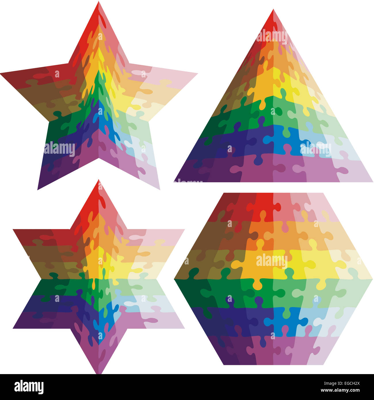 Jigsaw puzzle set geometric shapes, colors rainbow. Vector illu Stock ...