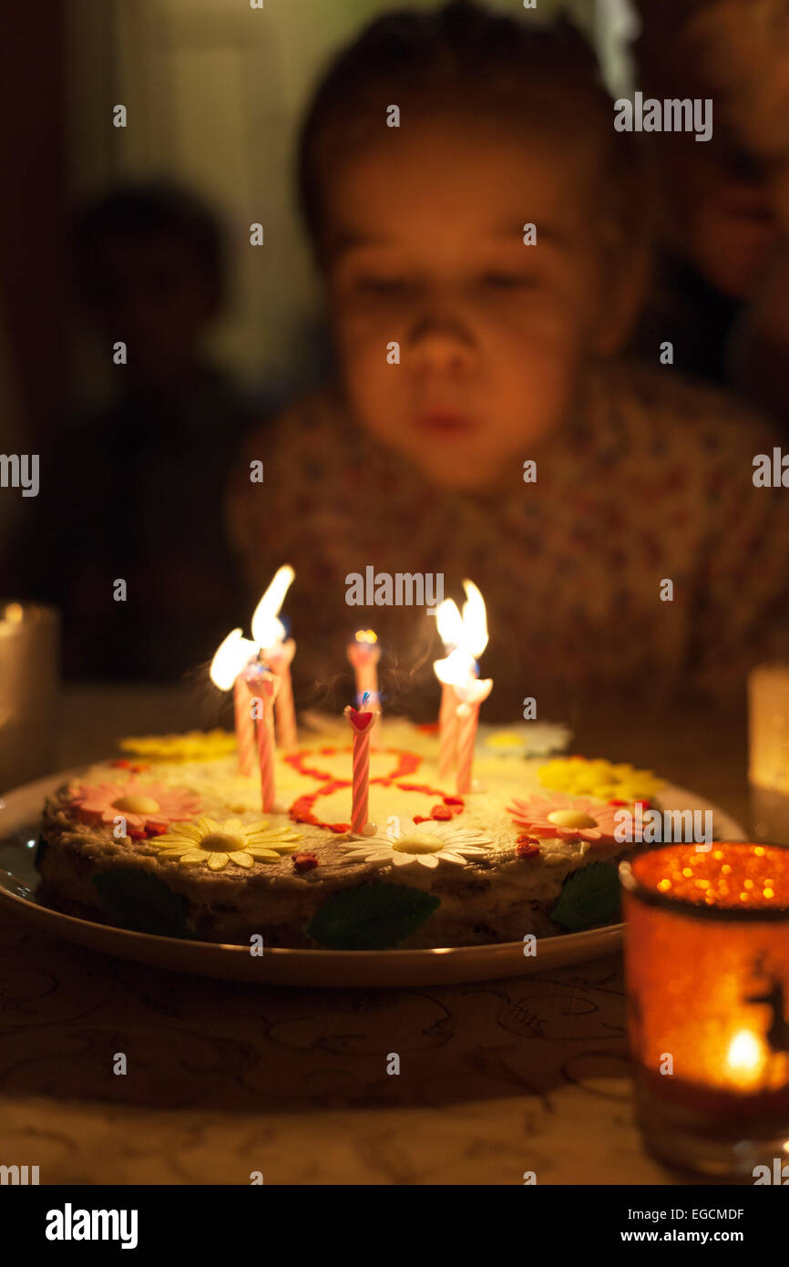 Little girl blowing out candles on homemade birthday cake Stock Photo ...