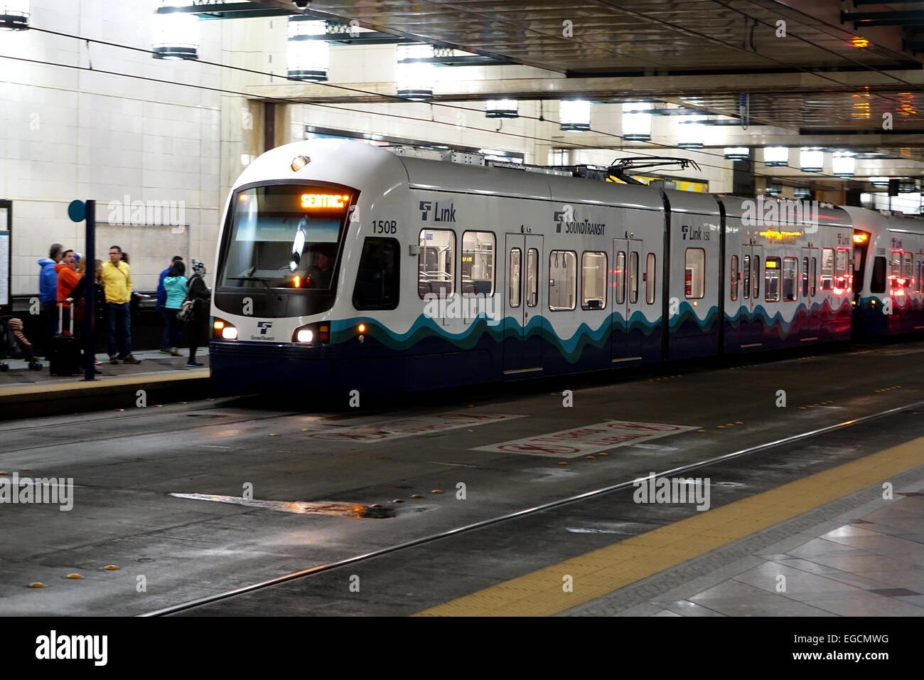 A LINK lightrail train sits in Seattle's Westlake Station. This ...