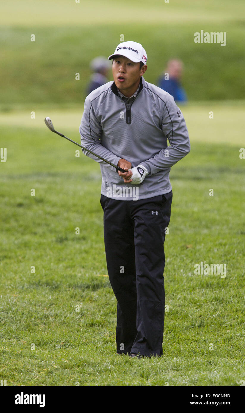 Los Angeles, California, USA. 22nd Feb, 2015. James Hahn reacts to his ...