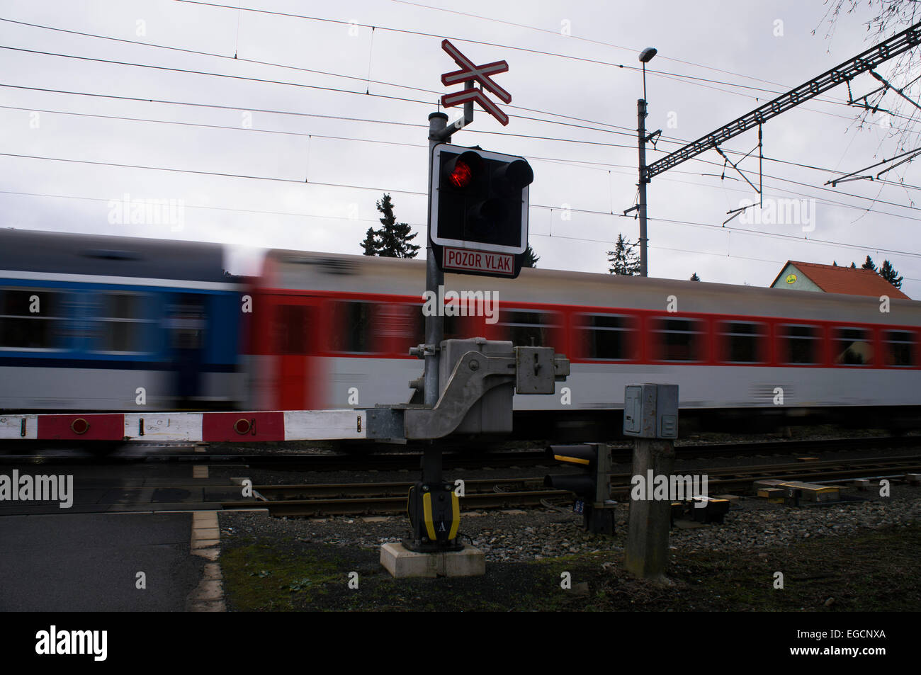 railway, train, level crossing, red light, boom barrier, gate Stock ...