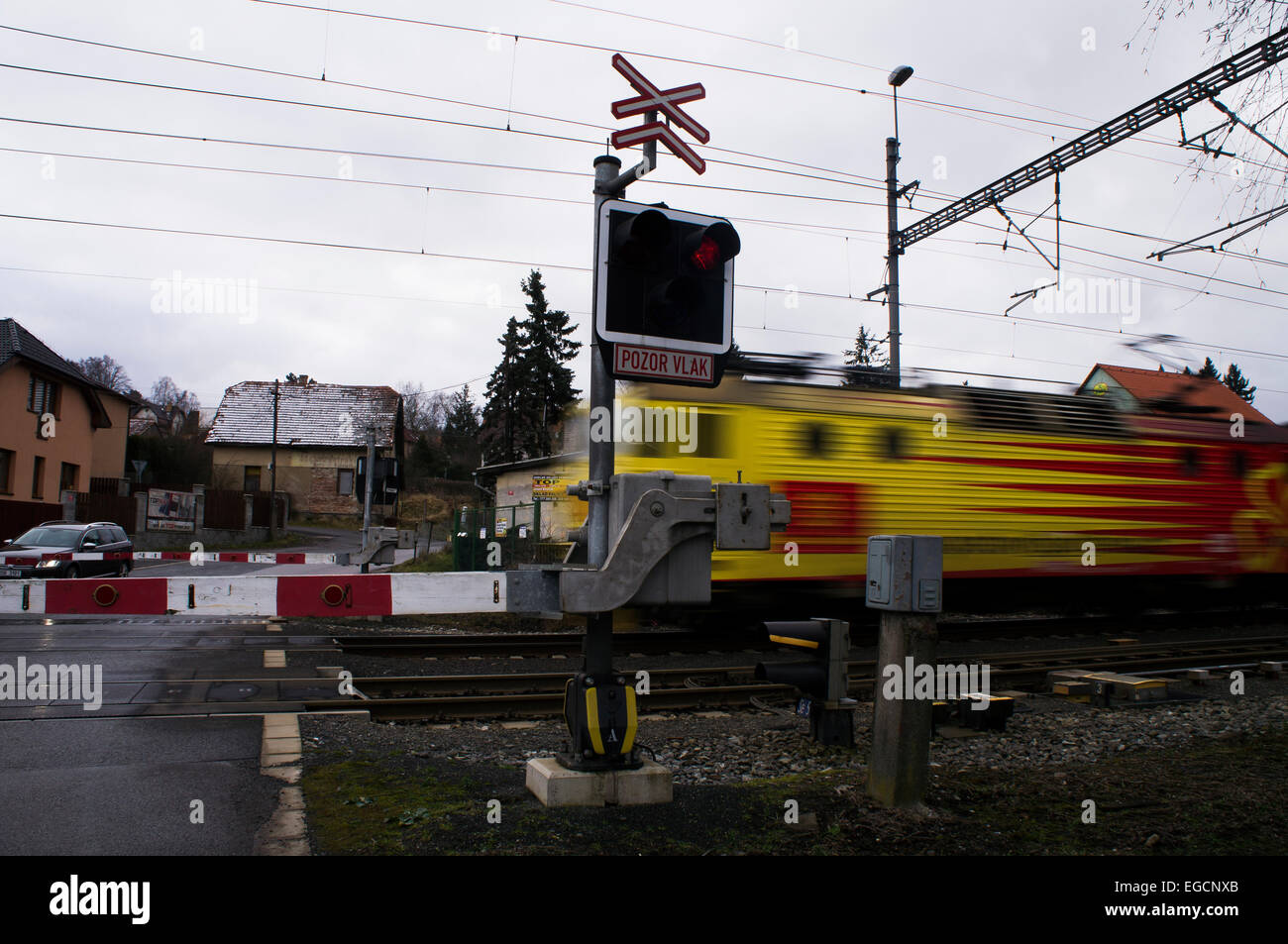 Railway Locomotive Train Level Crossing Red Light Boom Barrier