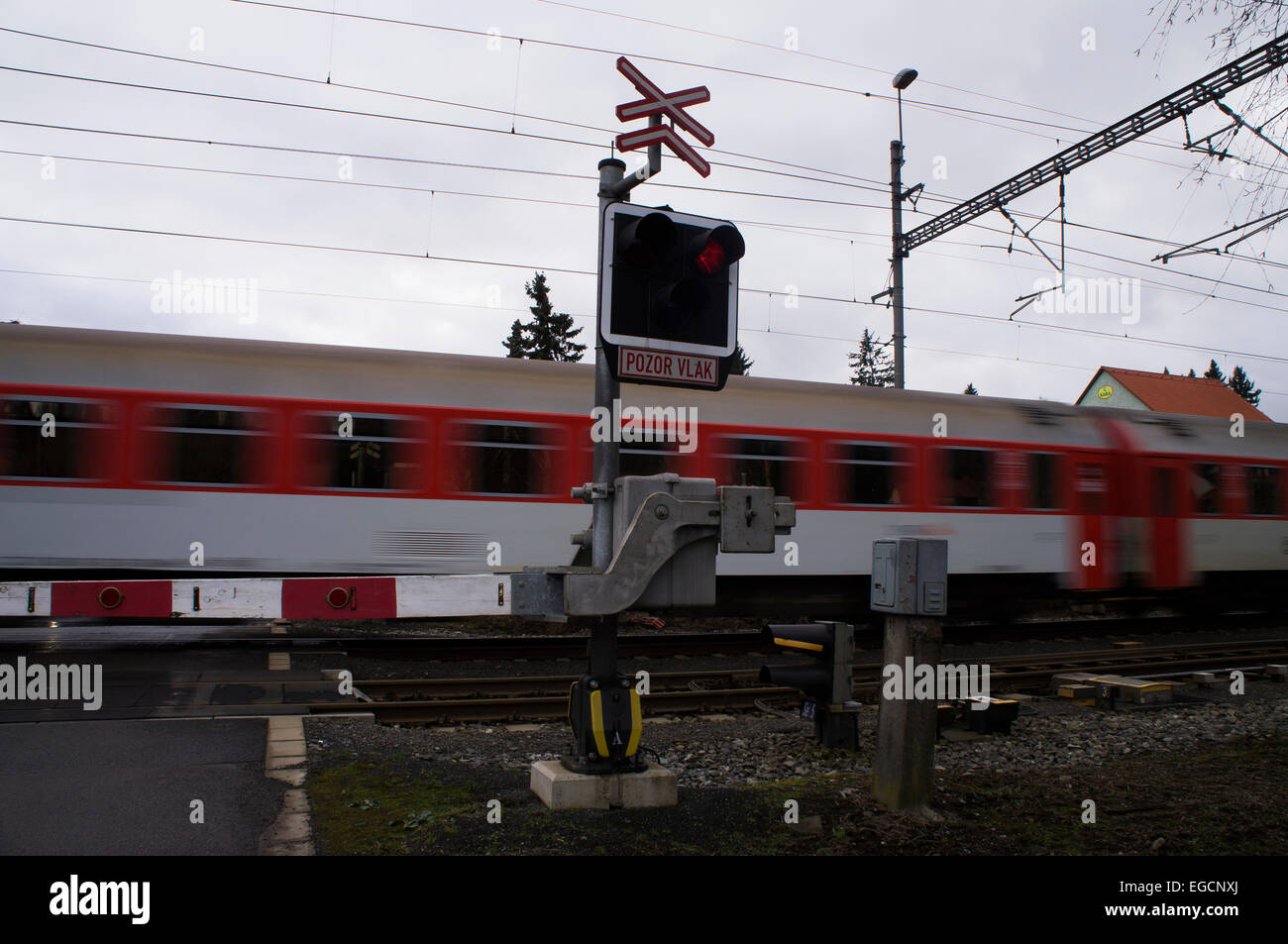 railway, train, level crossing, red light, boom barrier, gate Stock ...