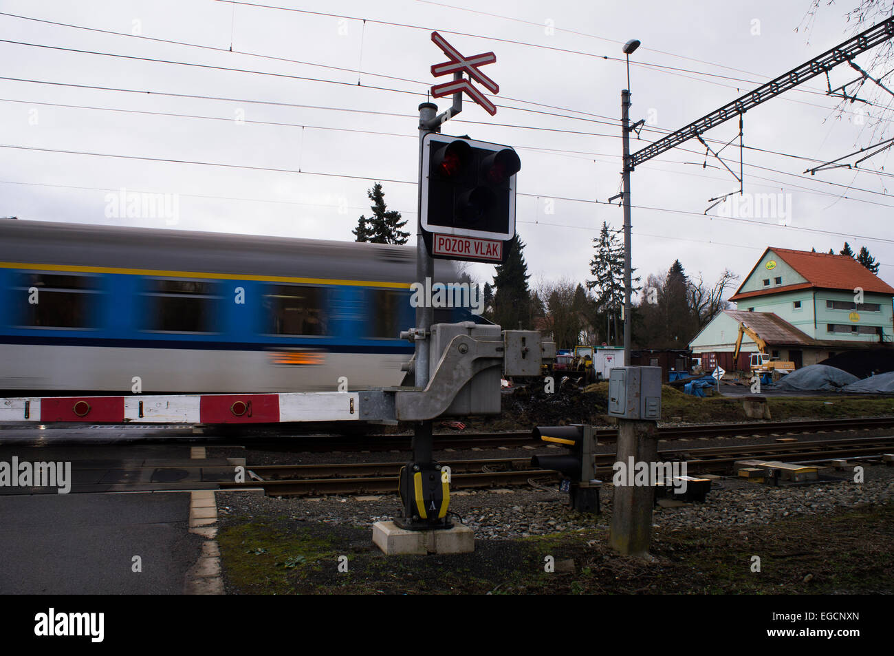 Railway Train Level Crossing Red Light Boom Barrier Gate Stock