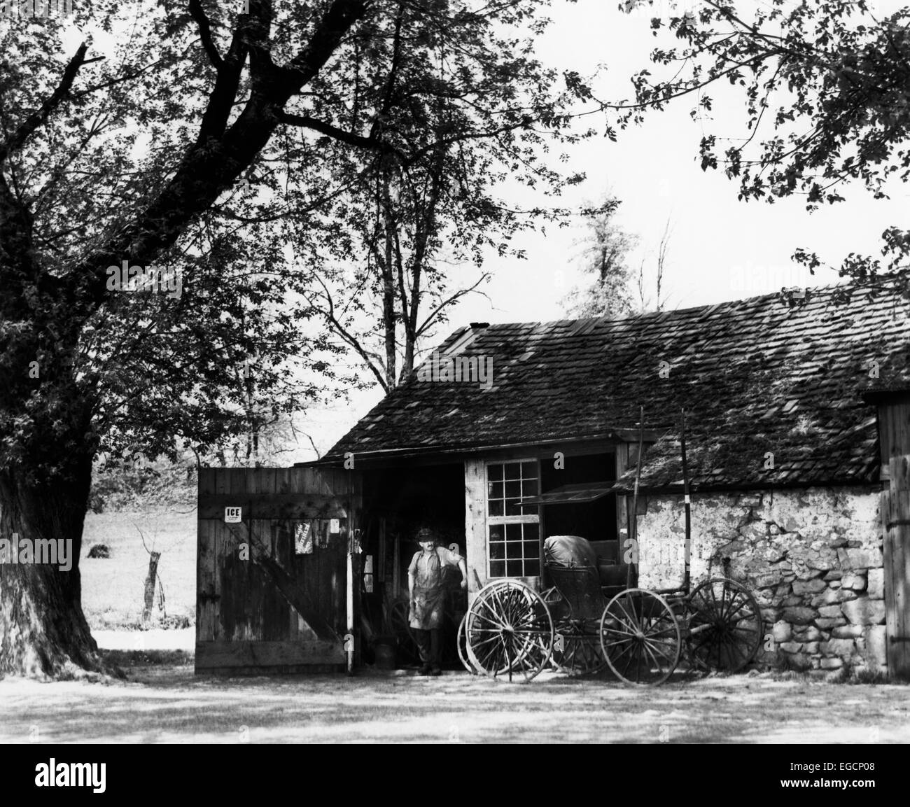 1930s MAN STANDING IN DOORWAY OF OLD BLACKSMITH'S SHOP WITH HORSE ...