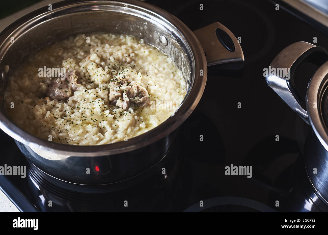Traditional food called Pilaf, cooked rice and chicken meat Stock Photo ...