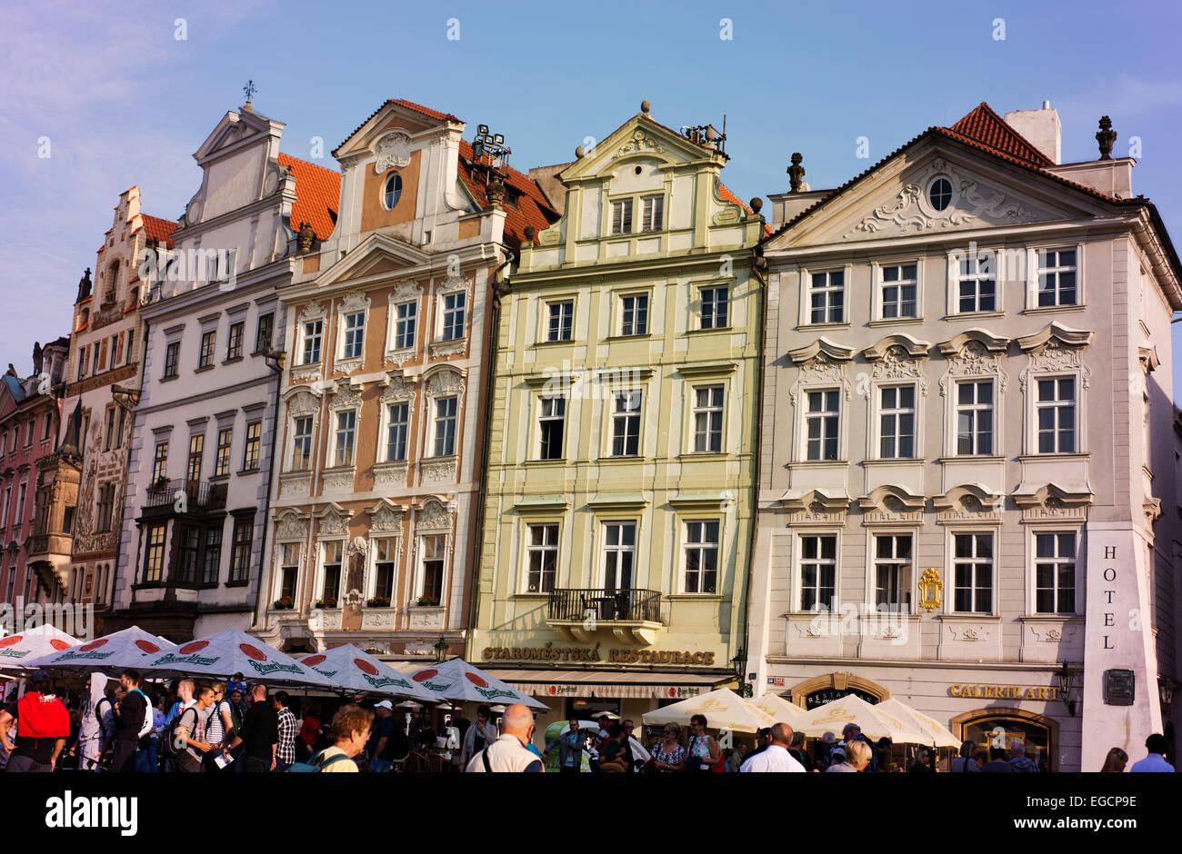 Tourists and restored historic buildings in Prague's Old Town Square ...