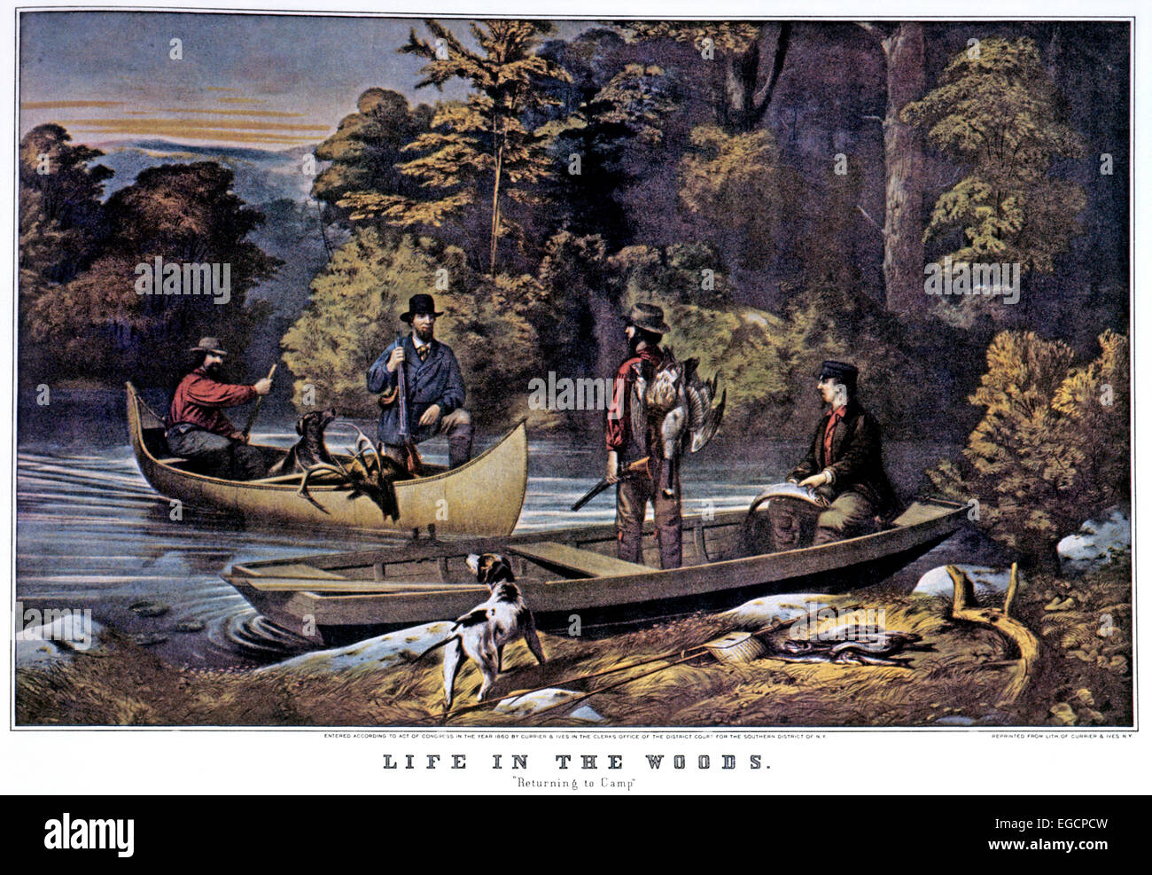 CURRIER AND IVES LITHOGRAPH 1860 LIFE IN THE WOODS - RETURN TO CAMP ...