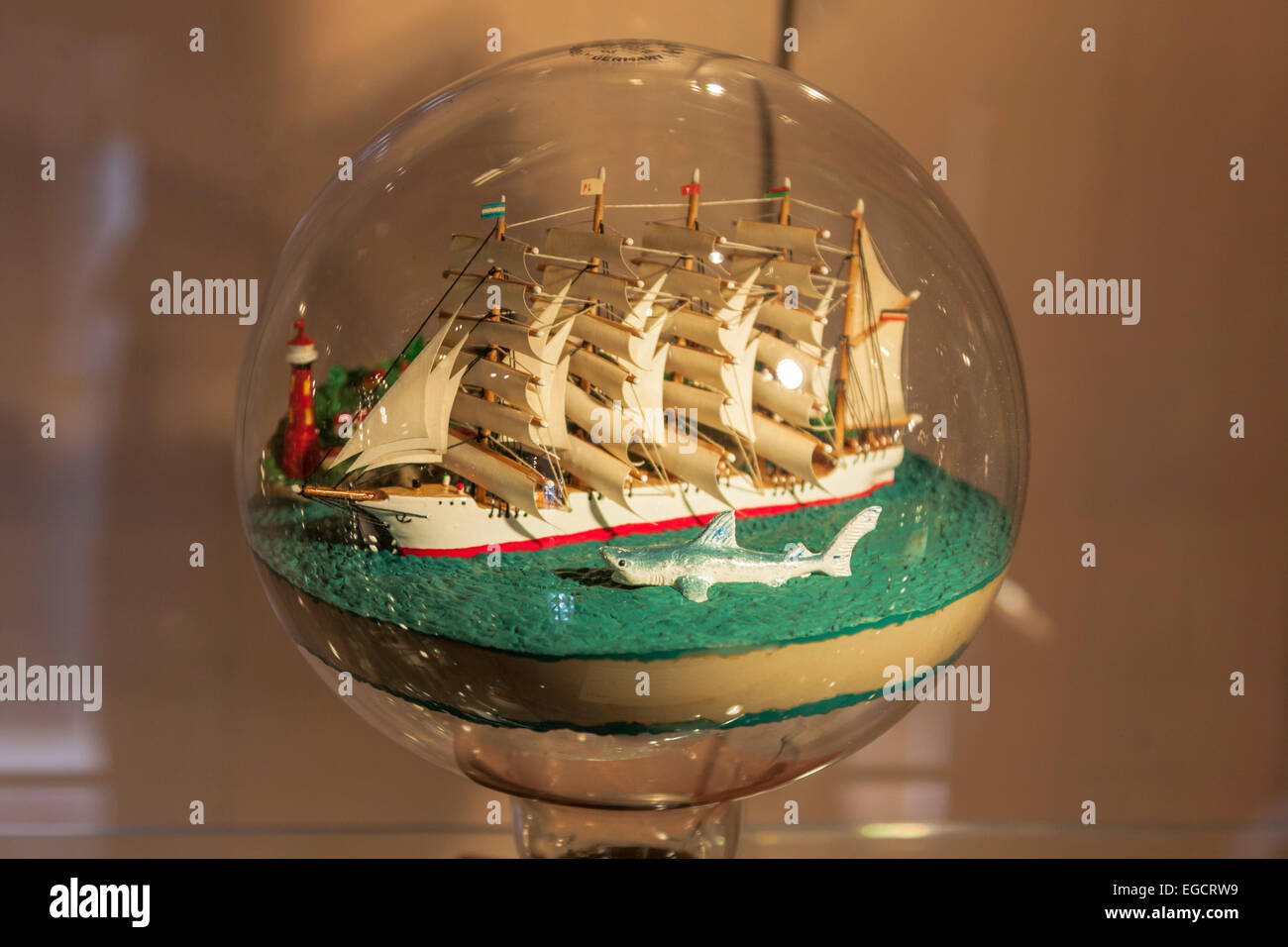 A fully rigged sailing ship in a bottle, on display at the Bottle Ship ...