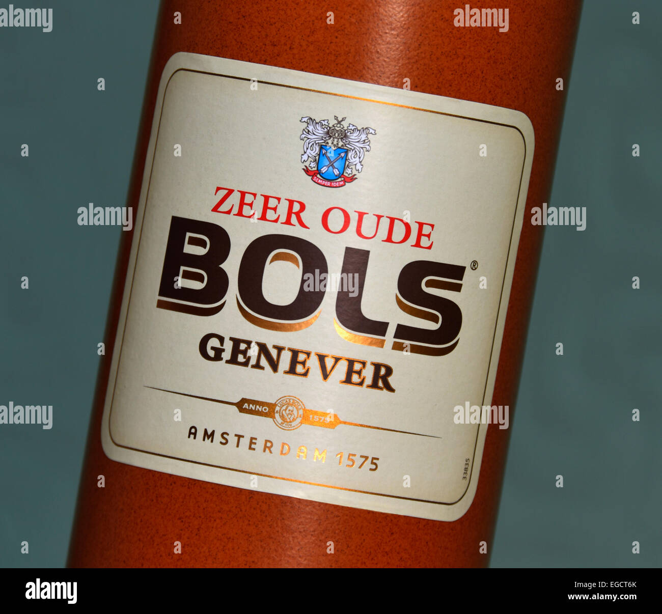 Bols Zeer Oude Genever label on clay bottle Stock Photo - Alamy