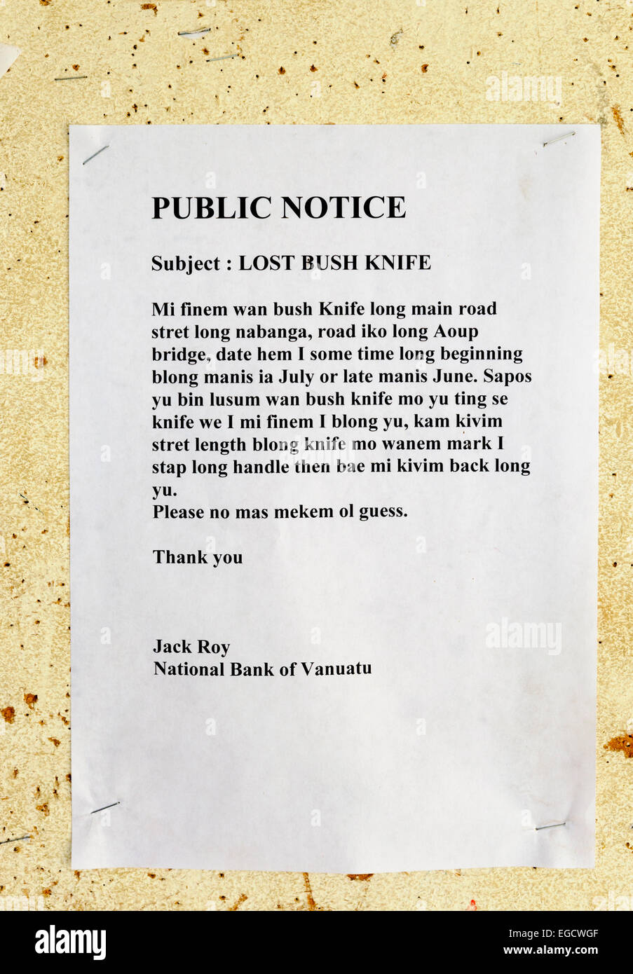 Notice in Bislama, the national language of Vanuatu in the South ...