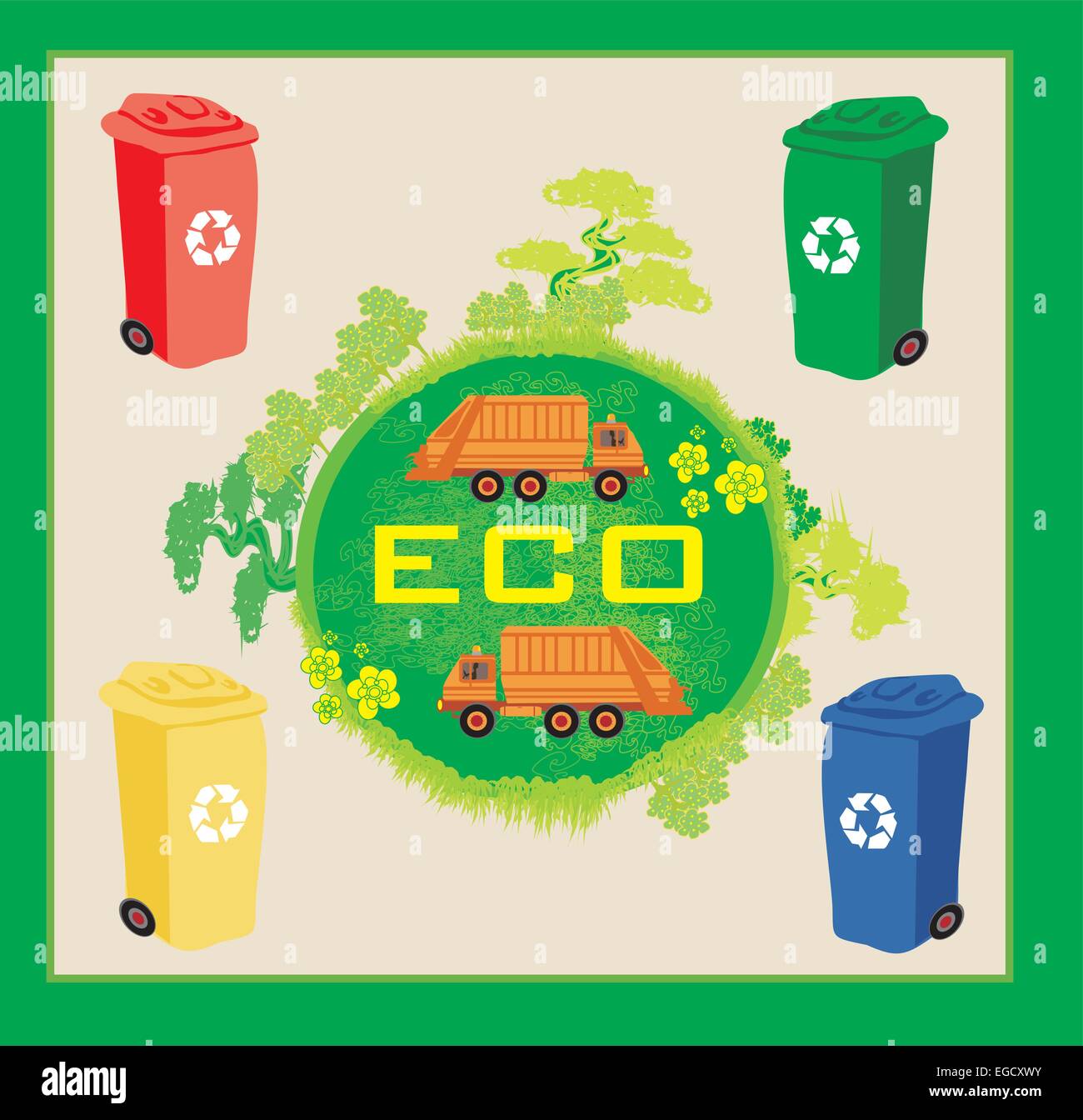 Colorful recycle bins ecology concept with landscape and garbage Stock ...