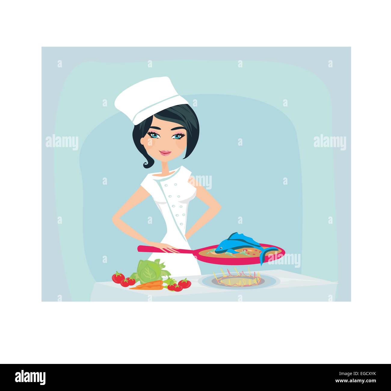 young girl cooking a fish in a frying pan Stock Vector Image & Art - Alamy