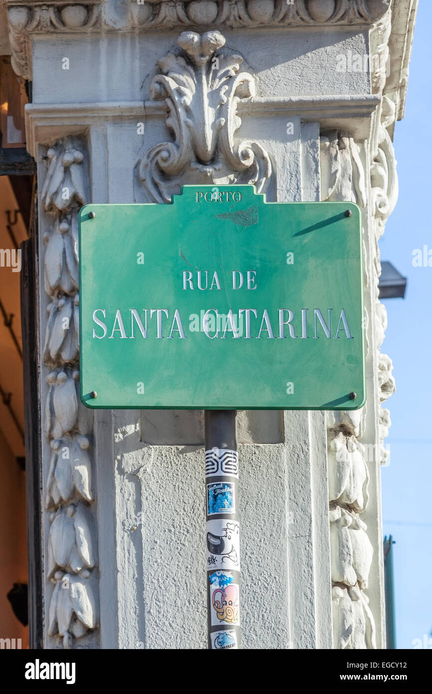 Porto, Portugal. A street sign showing Rua de Santa Catarina, the name ...