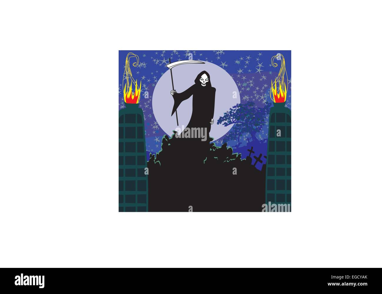 illustration of grim holding sword standing near graveyard Stock Vector ...