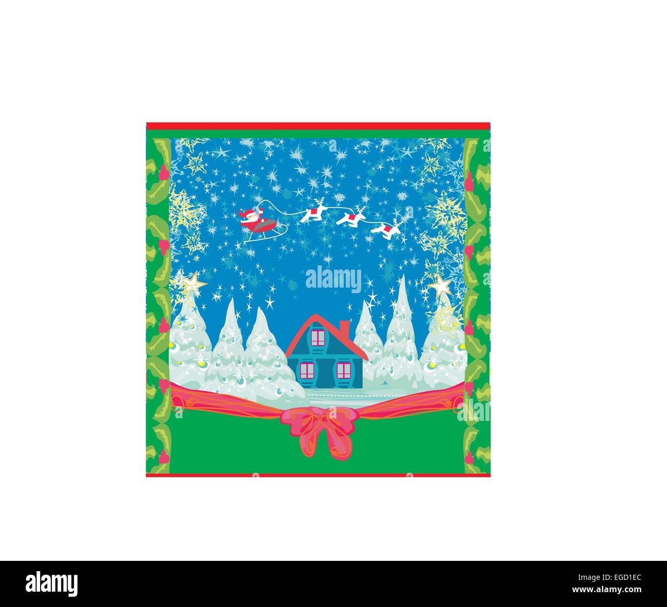 Winter Christmas card, with Santa Claus, home and holly leafs Stock ...