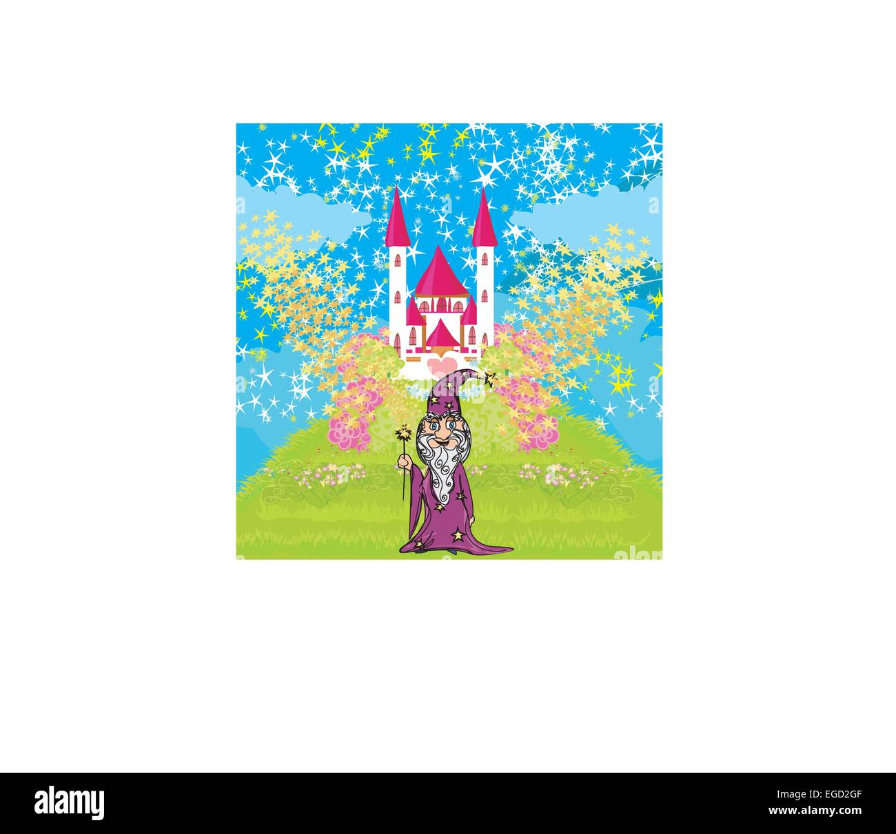 wizard uses magic in front of fairy-tale castle Stock Vector Image ...