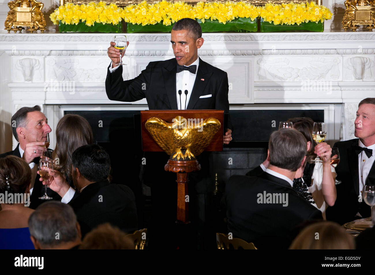 United States President Barack Obama makes a toast after delivering ...