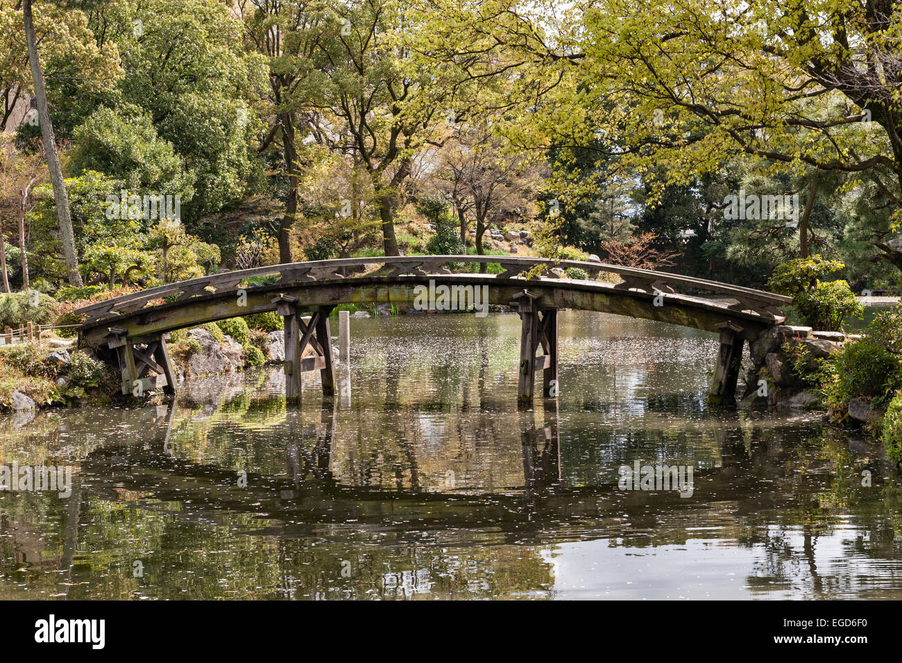 The old wooden bridge over the pond in Shosei-en garden, seen in the ...