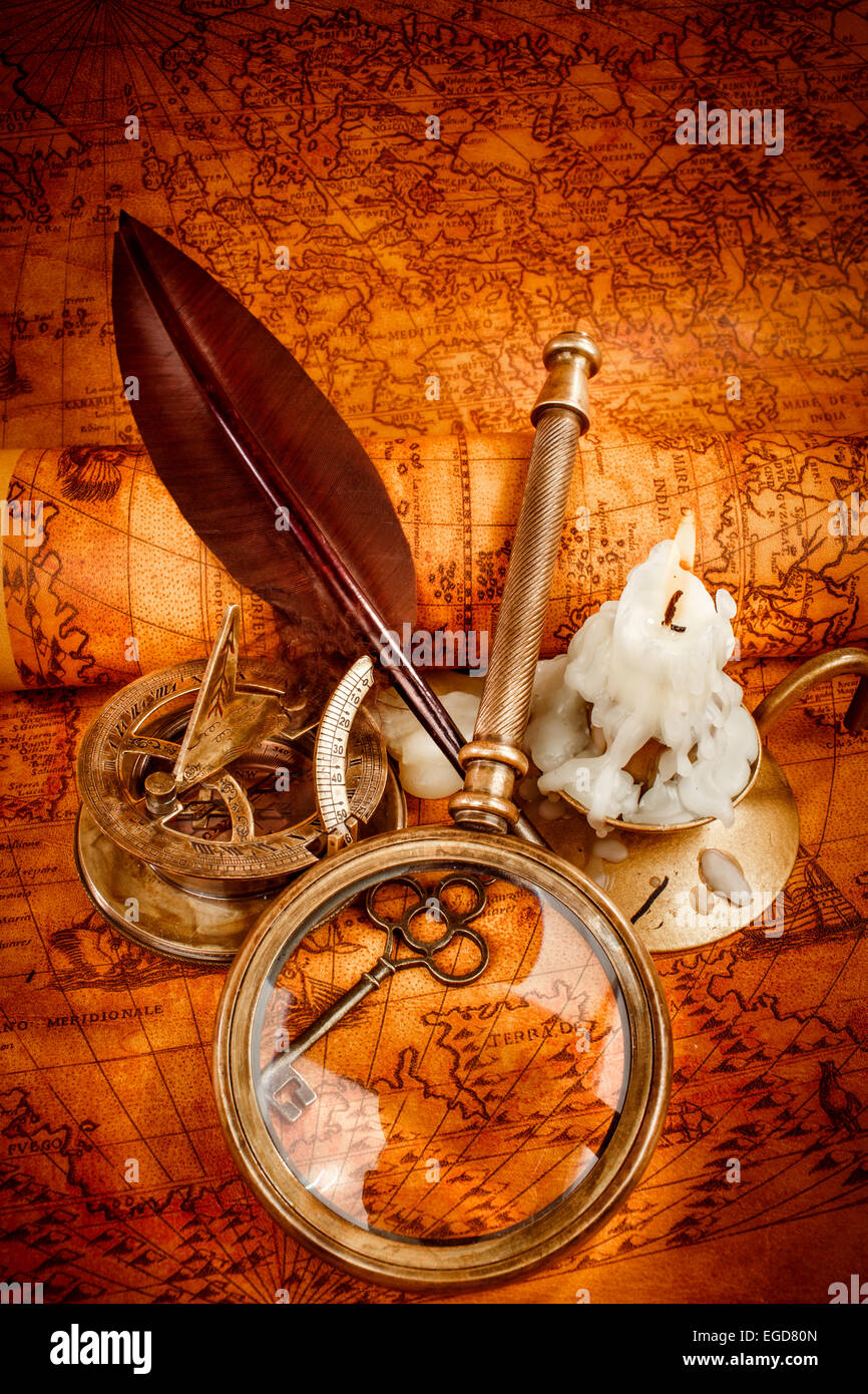 Vintage compass, magnifying glass, pocket watch, quill pen, spyglass ...