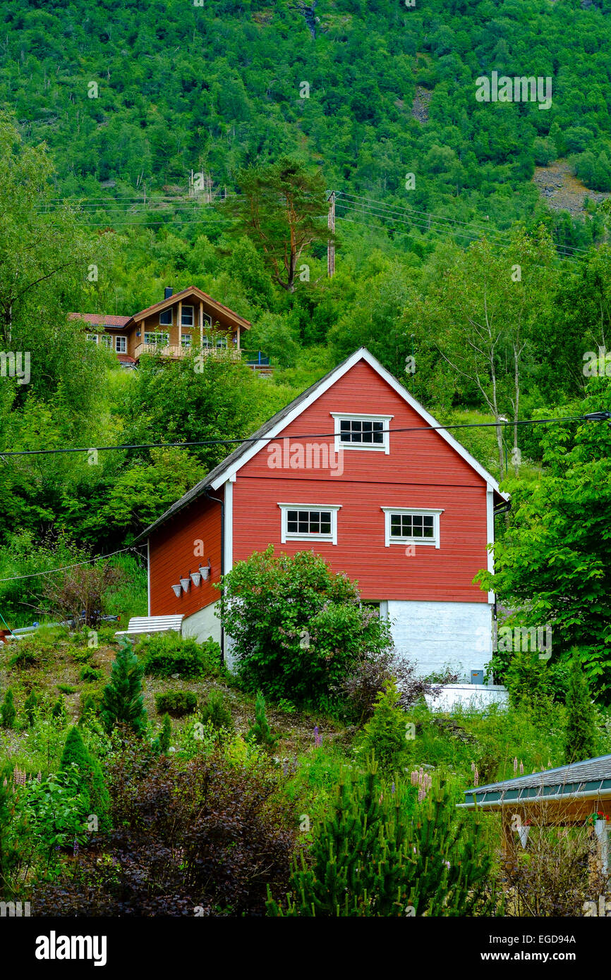 Red house typical of the architectural style around Olden fjord in ...