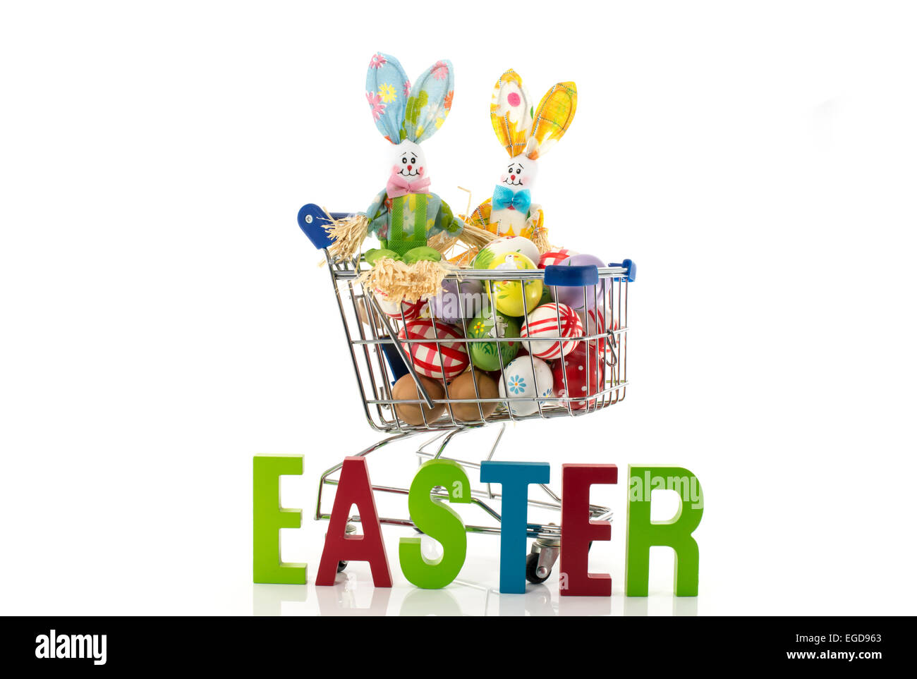 shopping cart with easter eggs and bunny couple isolated on white Stock ...