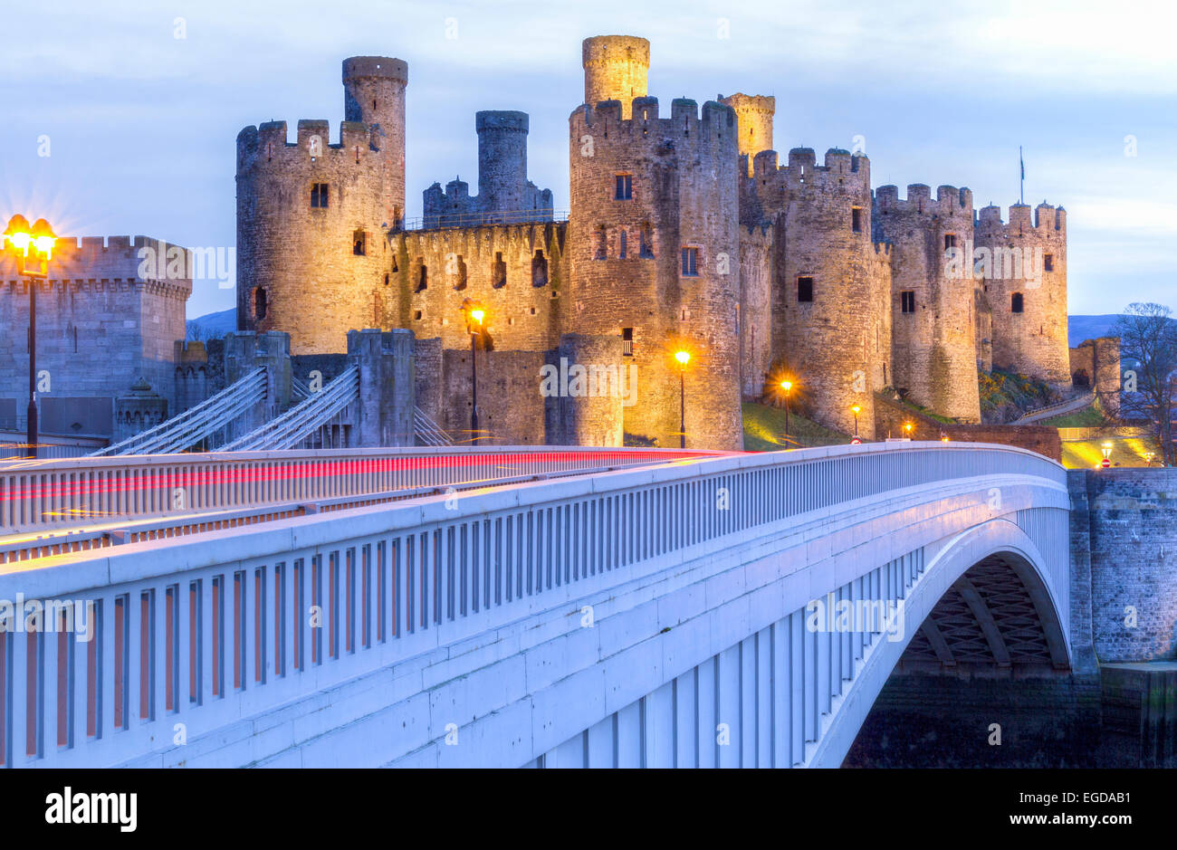 Early evening shot of Conwy castle from the main road bridge in Wales ...