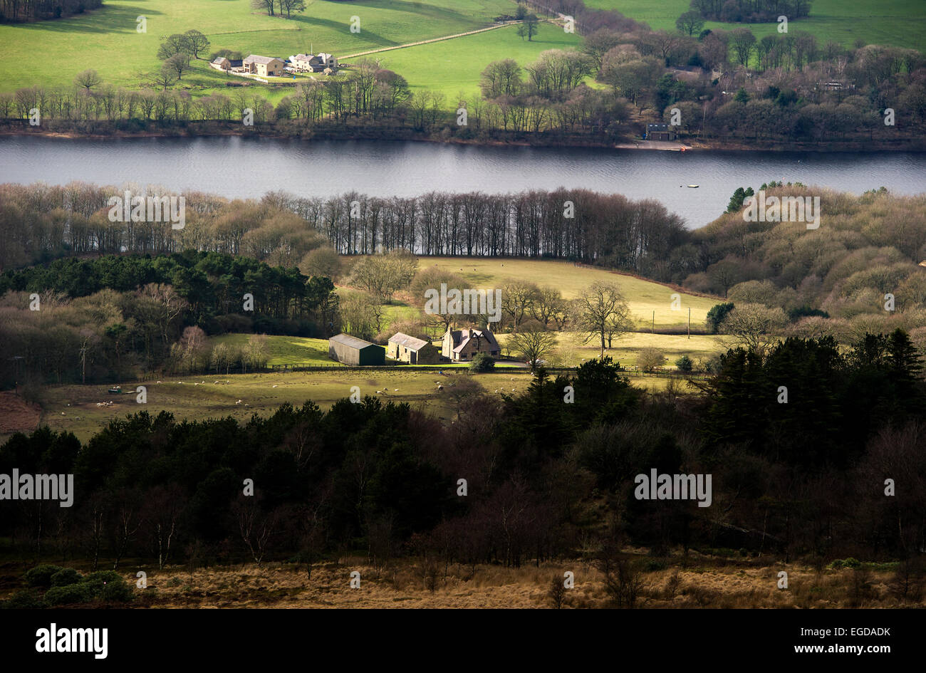 View of Rivington reservoir from Rivington Pike, near Bolton ...