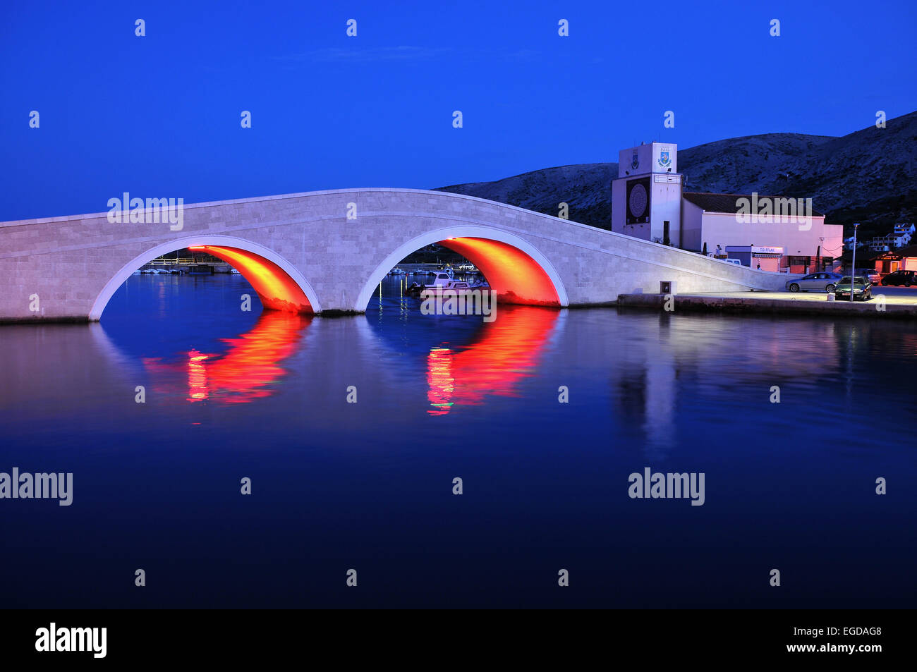 Bridge in the evening light and the old town of Pag, Island of Pag ...