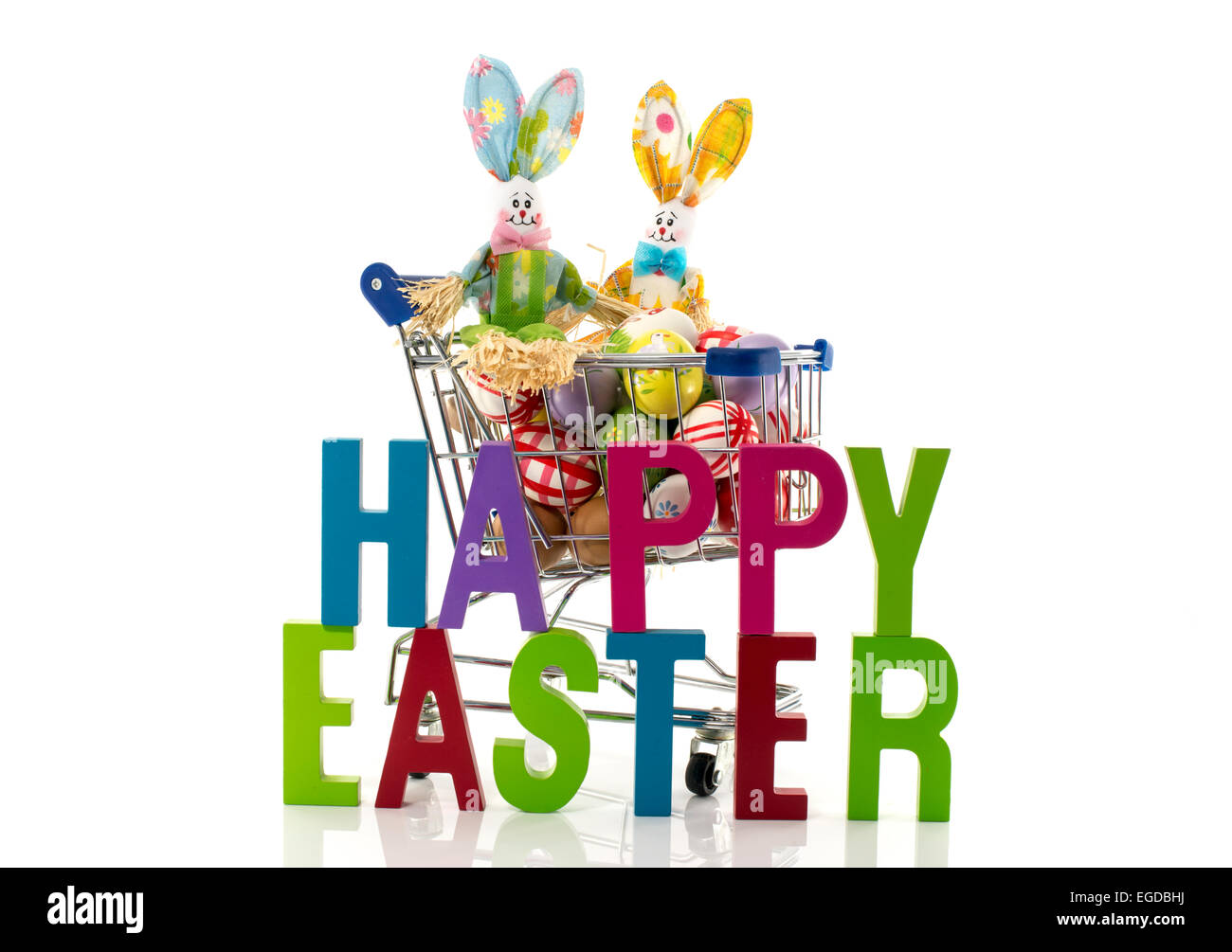 shopping cart with easter eggs and bunny couple isolated on white Stock ...