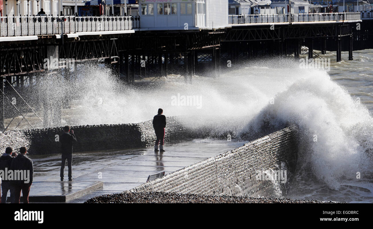 Brighton, UK. 23rd February, 2015. UK Weather: Waves crash on to the ...