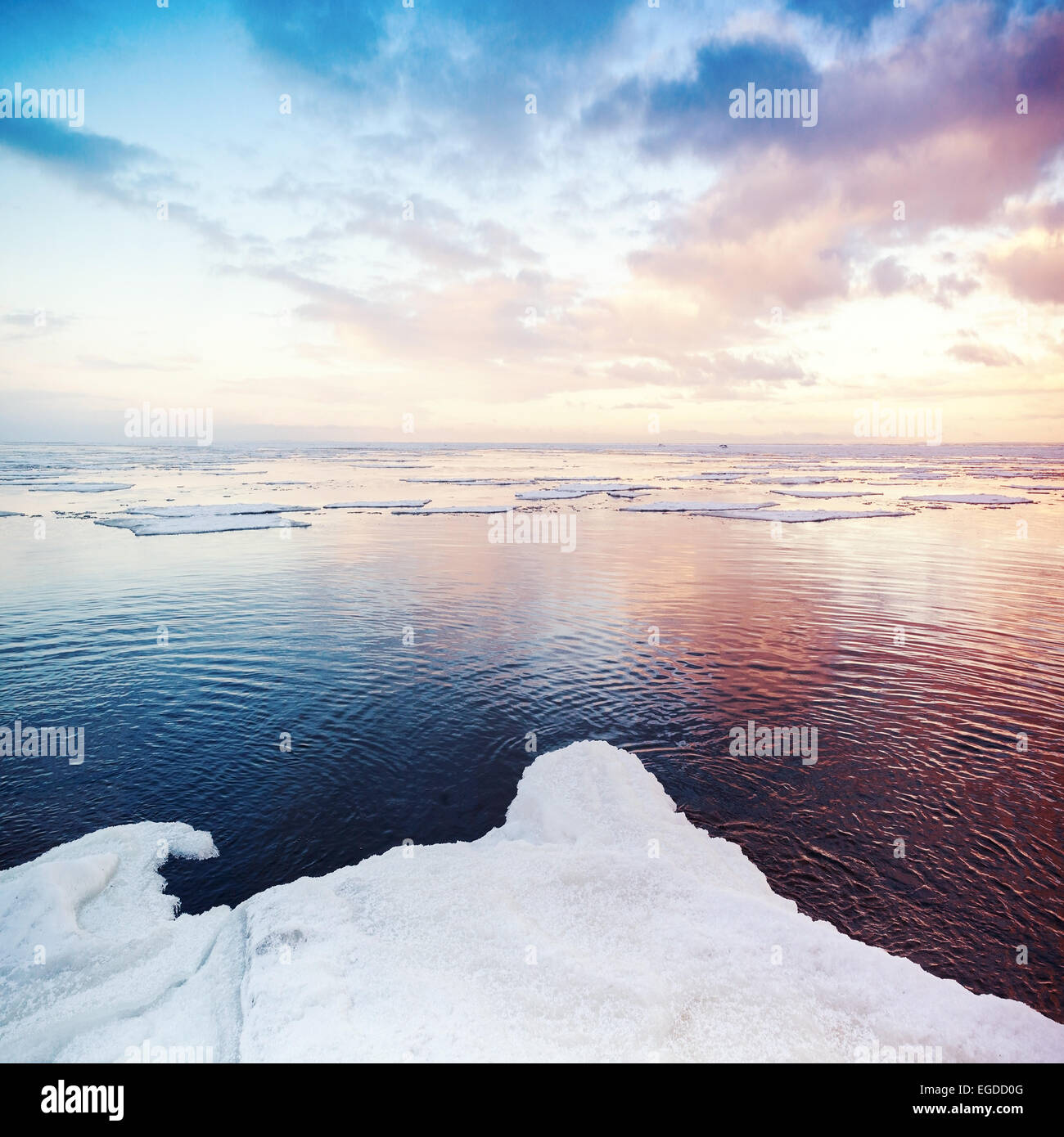 Winter coastal landscape with snow and ice. Gulf of Finland, Russia ...
