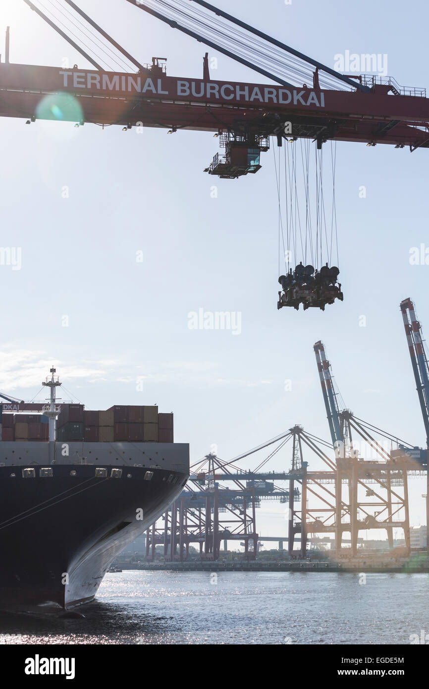 Loading and unloading of a container ship in the port of Hamburg ...