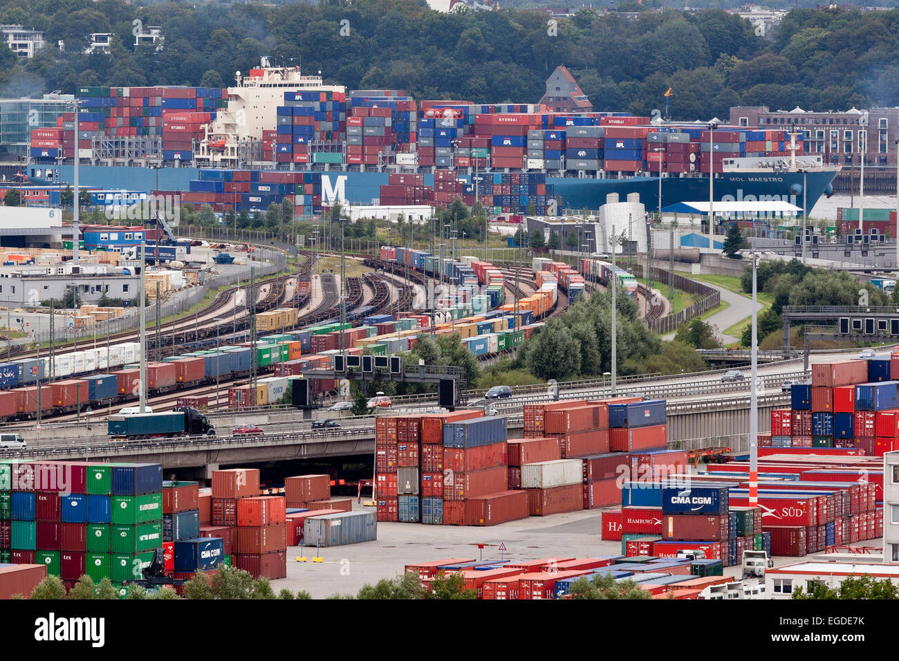 Container ship turning into the Koehlbrand, Hamburg, Germany Stock ...