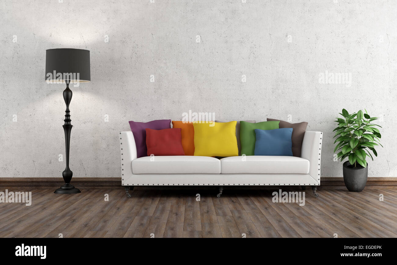 Retro living room with colorful couch on wooden floor - 3D rendering ...
