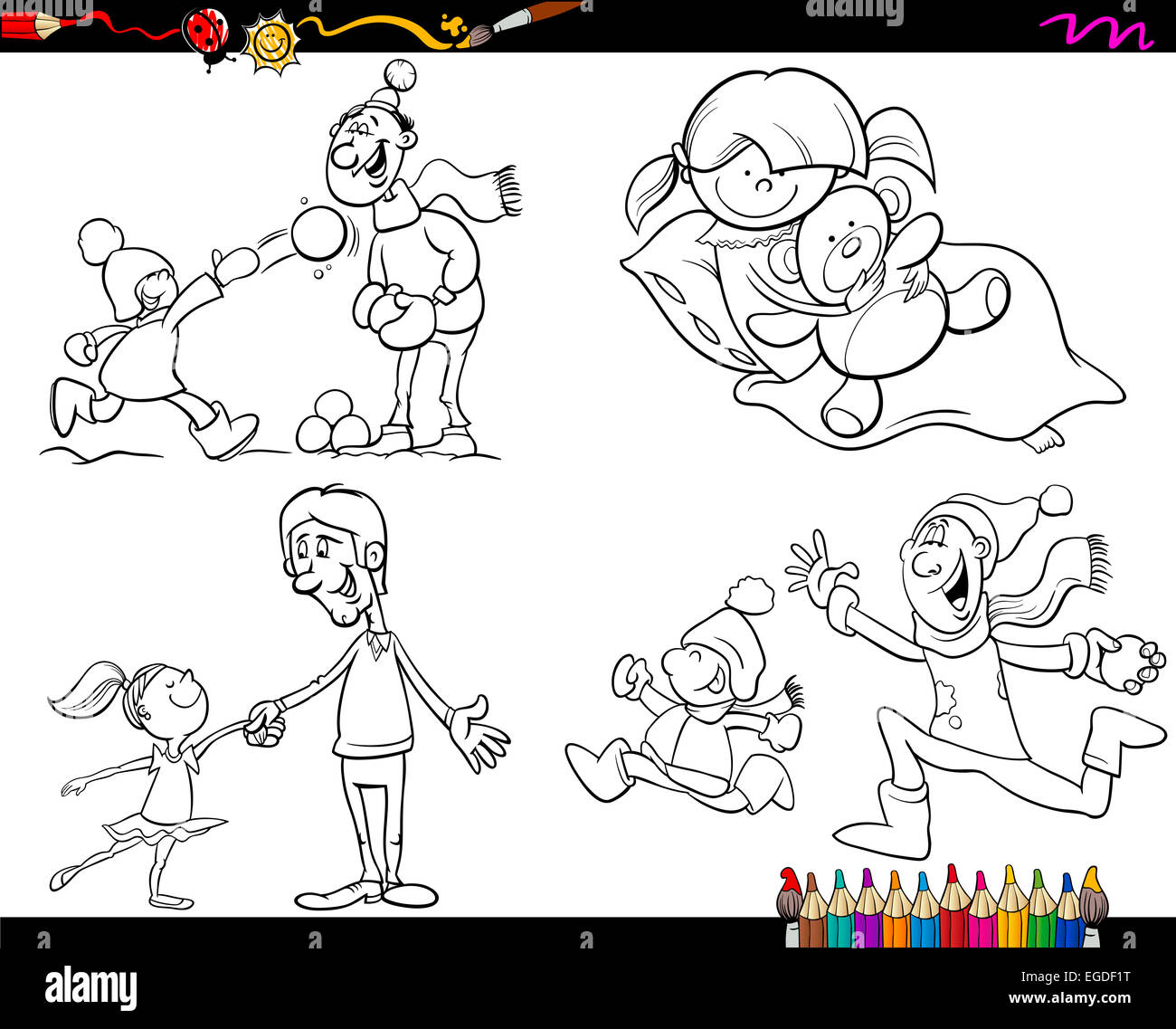 Coloring Book Cartoon Illustration of Set of Fathers with Children ...