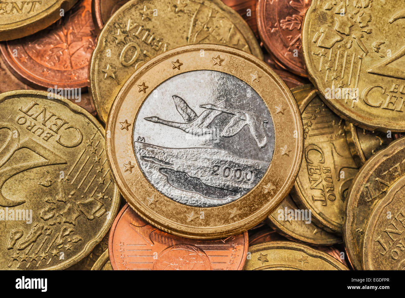 Many Euro coins, on top is a 1 Euro coin from Finland Stock Photo - Alamy