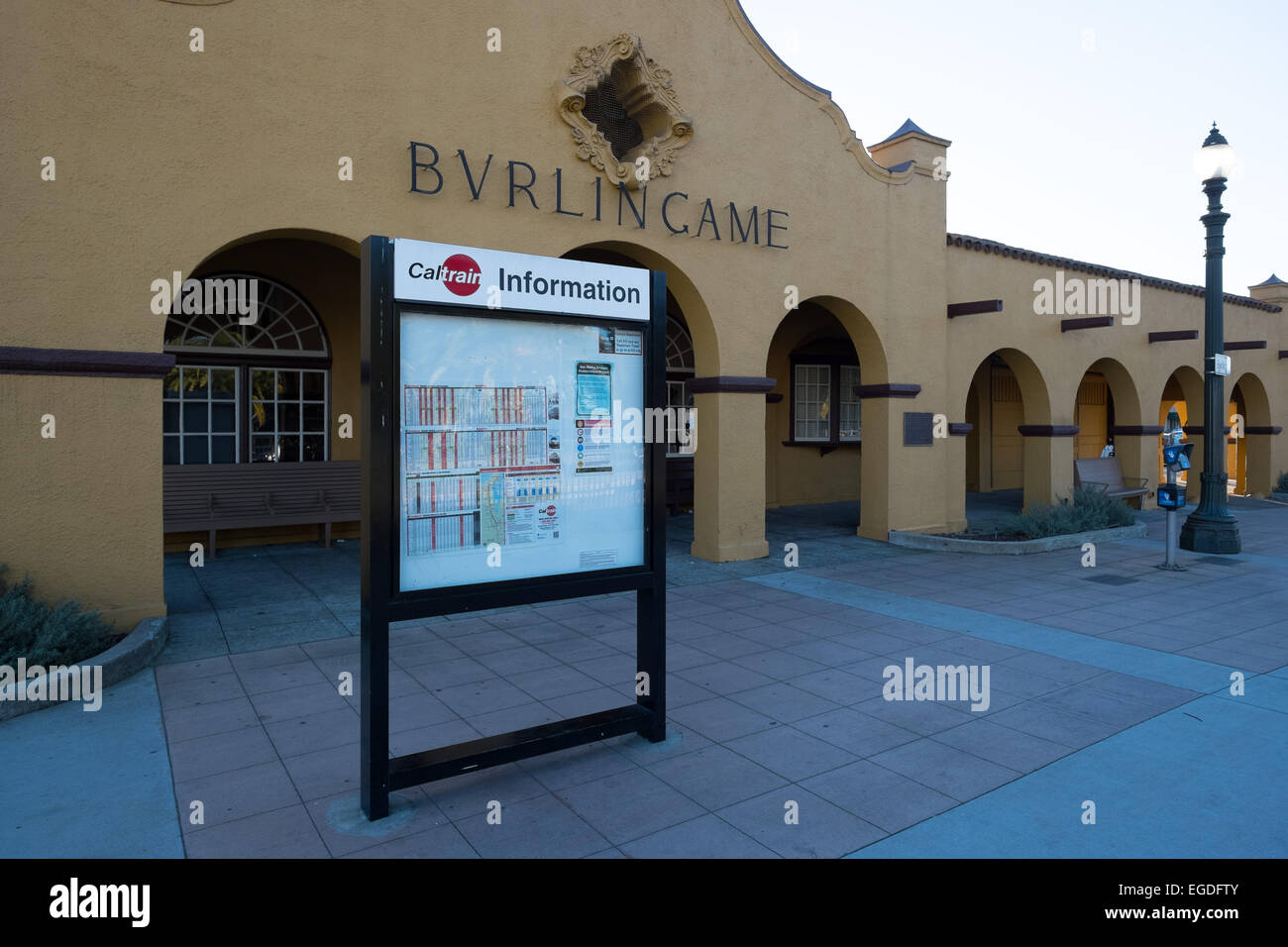 Caltrain station in downtown Burlingame California. Commuter rail ...