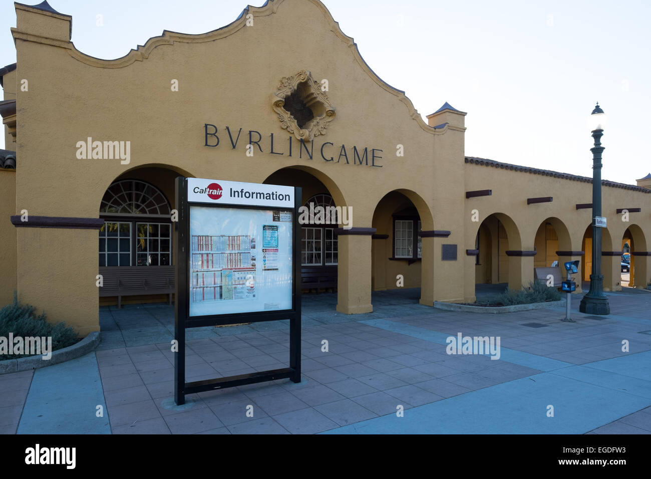 Caltrain station in downtown Burlingame California. Commuter rail ...