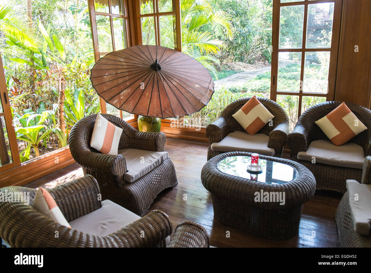 Reception area of Inle Resort and Spa Hotel in Nyaungshwe region.Luxury ...