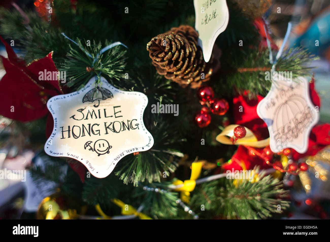 Christmas decorations on a Christmas tree with an Umbrella Movement ...